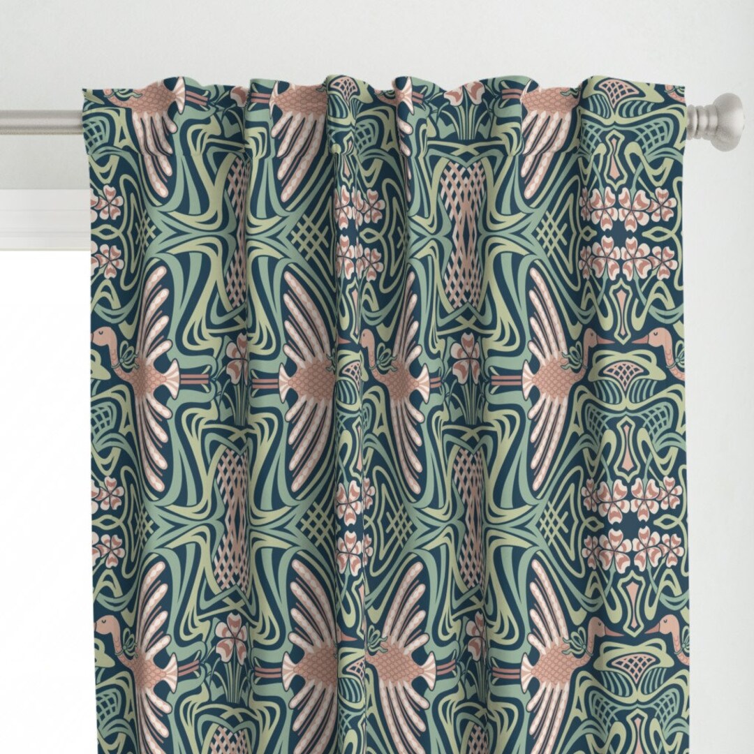 Art Nouveau Crane Curtain Panel - Green Pink Art Deco Mint Mauve ...