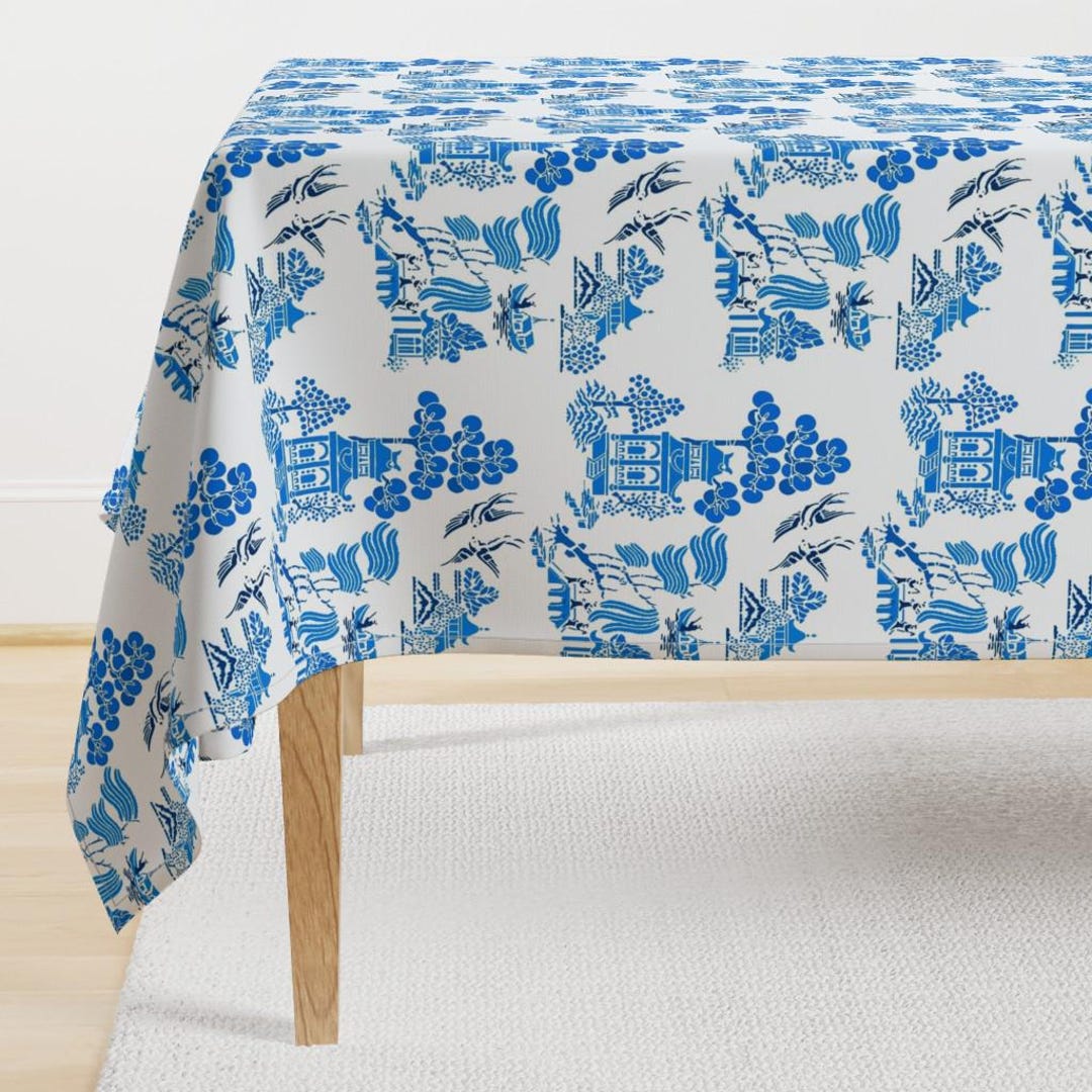 Toile Tablecloth - Chinoiserie Villages 3 Blue by Lorloves_design ...