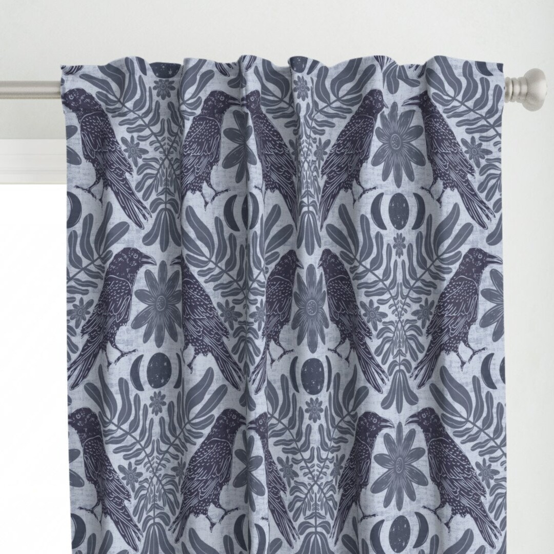 Gothic Ravens Curtain Panel - Coneflower Floral Moon Phases Dark Purple ...