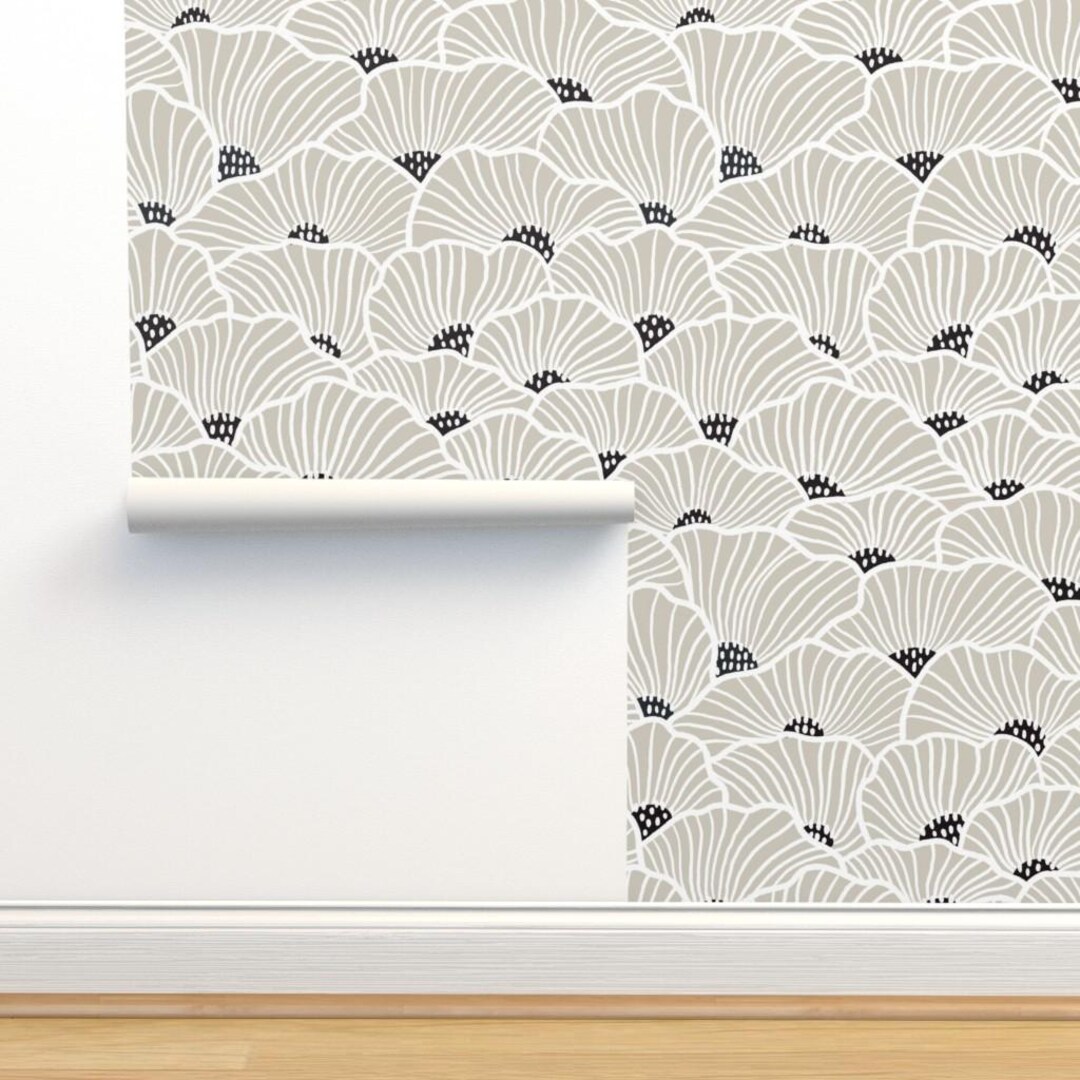 Neutral Floral Non-pasted Wallpaper Scallop Shells Abstract Flowers ...