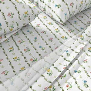 Cottage Stripe Sheets - Happy Greenery by Flowerandvine - Sweet Floral ...