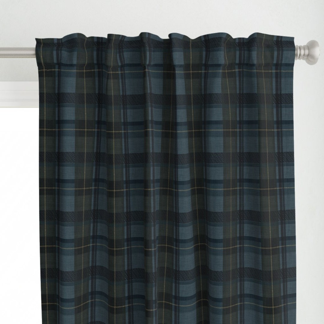 Dark Blue Check Curtain Panel - Navy Blue Gray Winter Fall Autumn ...