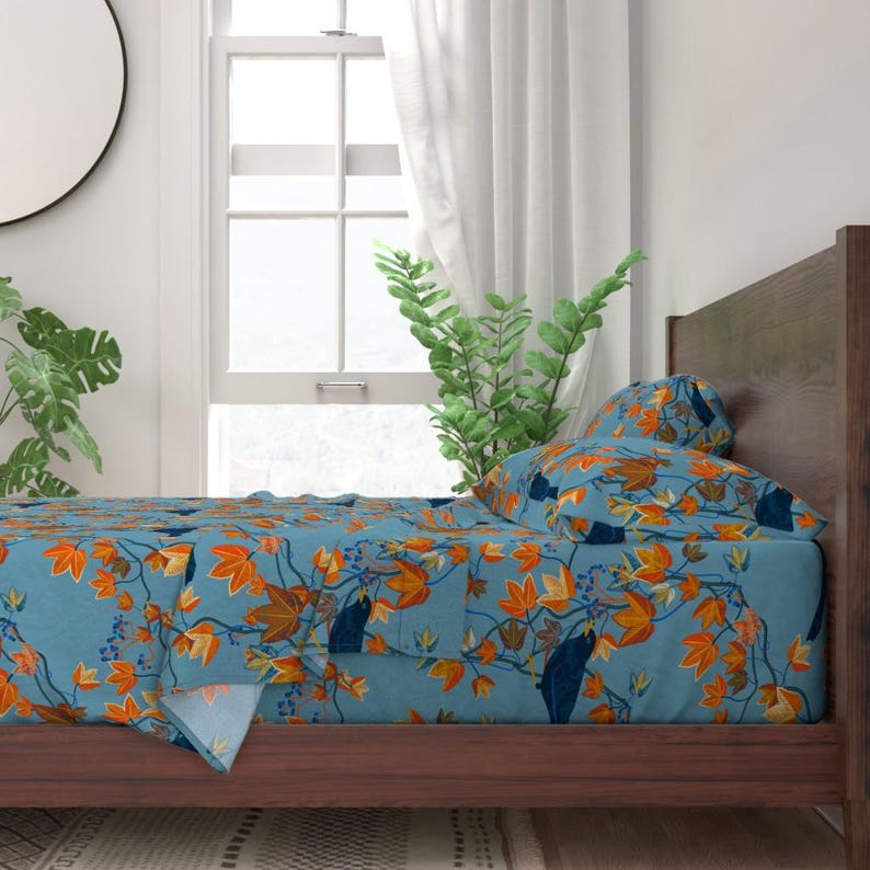 Bird Sheets - Autumn Vines-blue by Appleyards - Blue Nature Berries ...