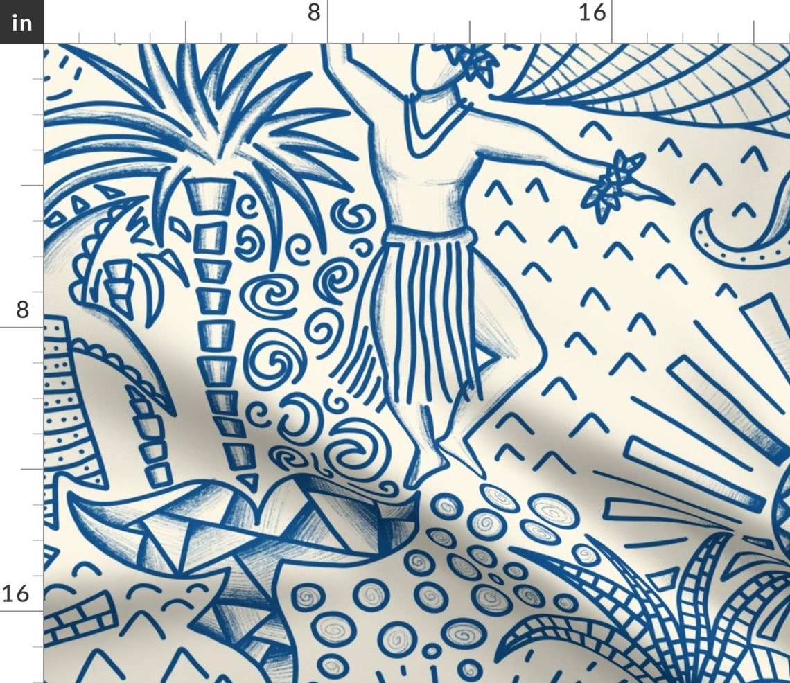 Blue Curtain Panel - Nature Hawaii Palm Tree Toile Whale Hula Dancer ...