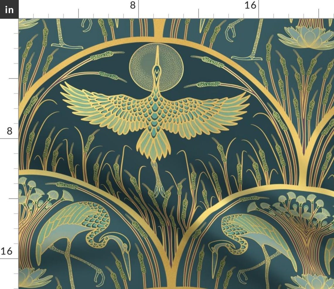 Art Deco Curtain Panel - Crane Art Nouveau Moonlight Cattails Elegant ...