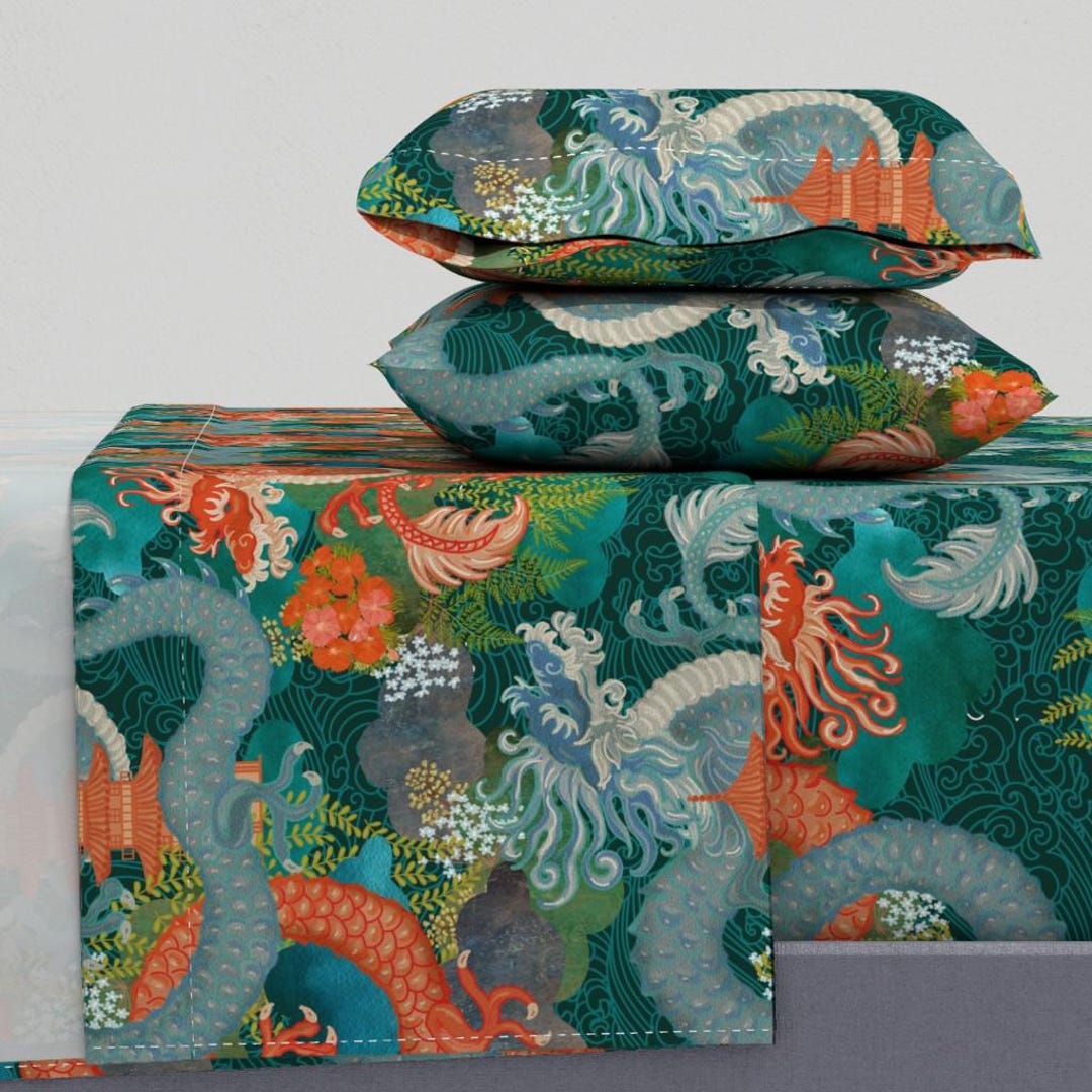 Japanese Dragon Sheets - Ryu Ocean Dragon Blue by Hnldesigns - Folklore ...
