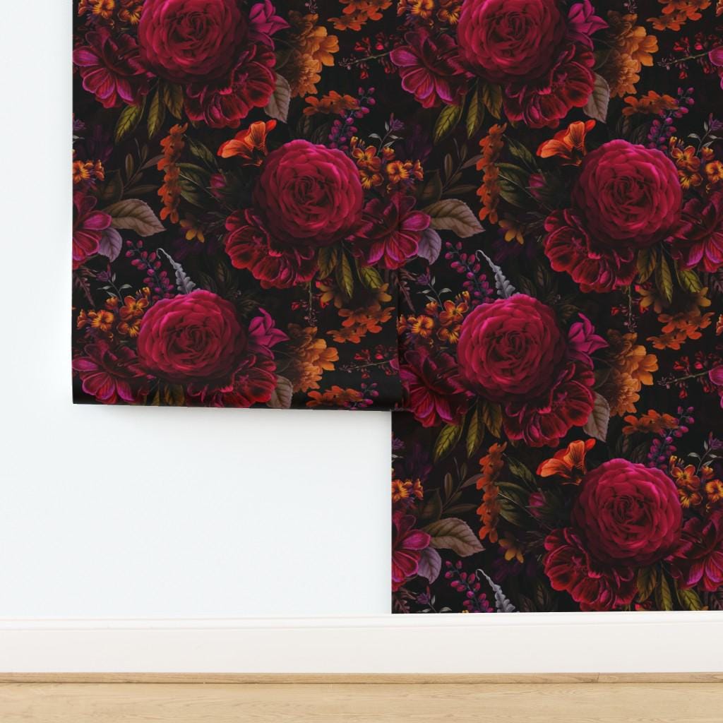 Moody Floral Non Pasted Wallpaper Gothic Flower Maximalist Bouquet