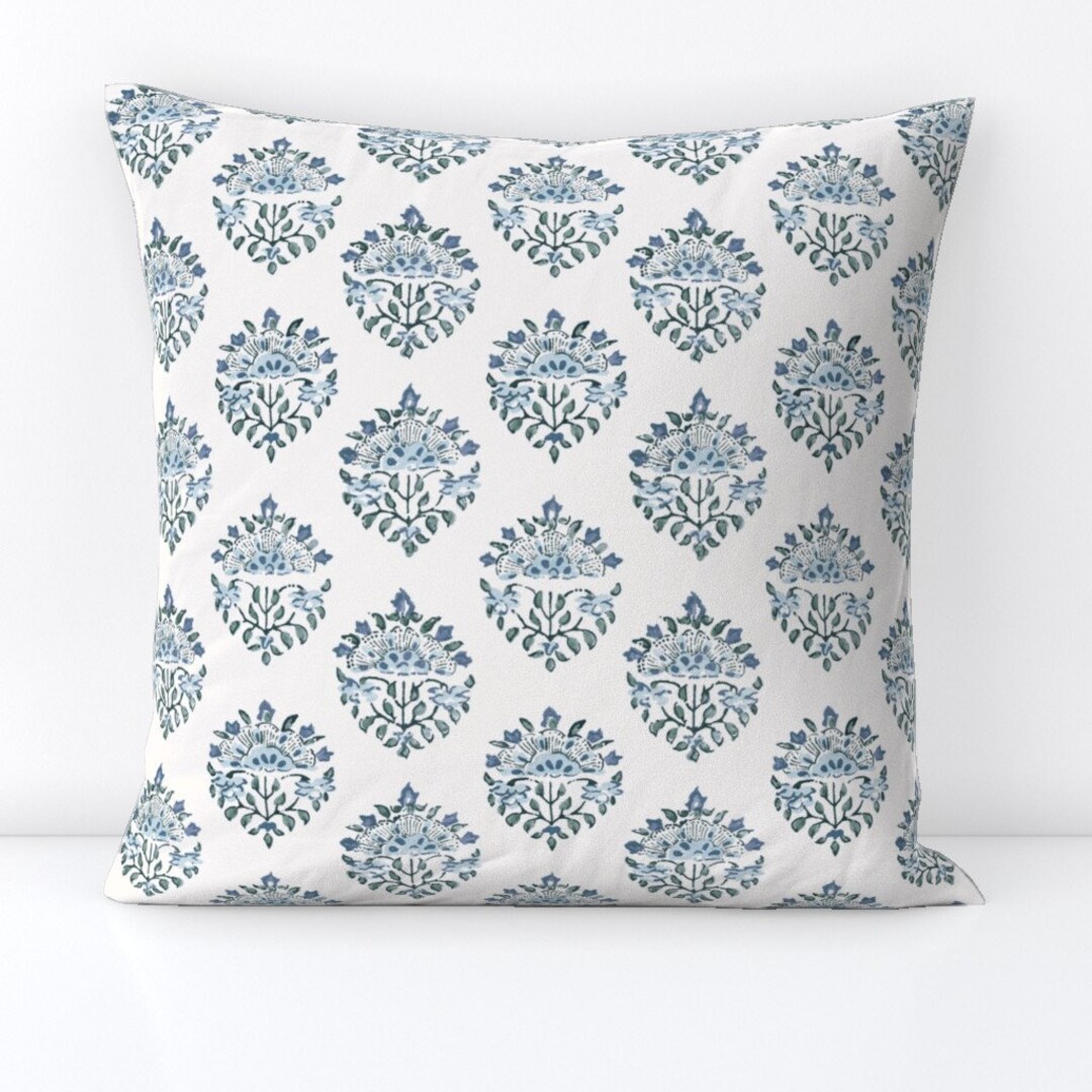 Grandmillennial Throw Pillow - Block Print Cornflower Blue Decorative ...