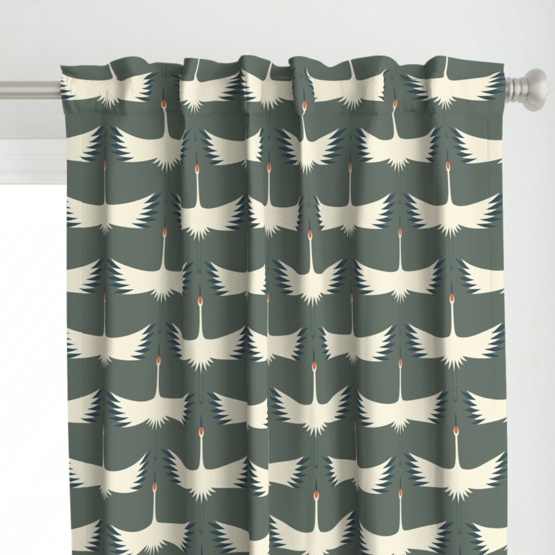 Art Deco Cranes Curtain Panel - Grey Green Beige Modern Minimal Custom ...