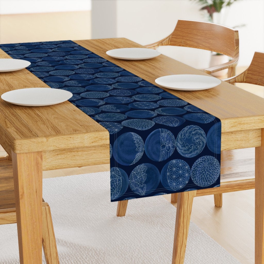 Japanese Inspired Table Runner - Sashiko Moons Indigo Blue Asia Outer ...