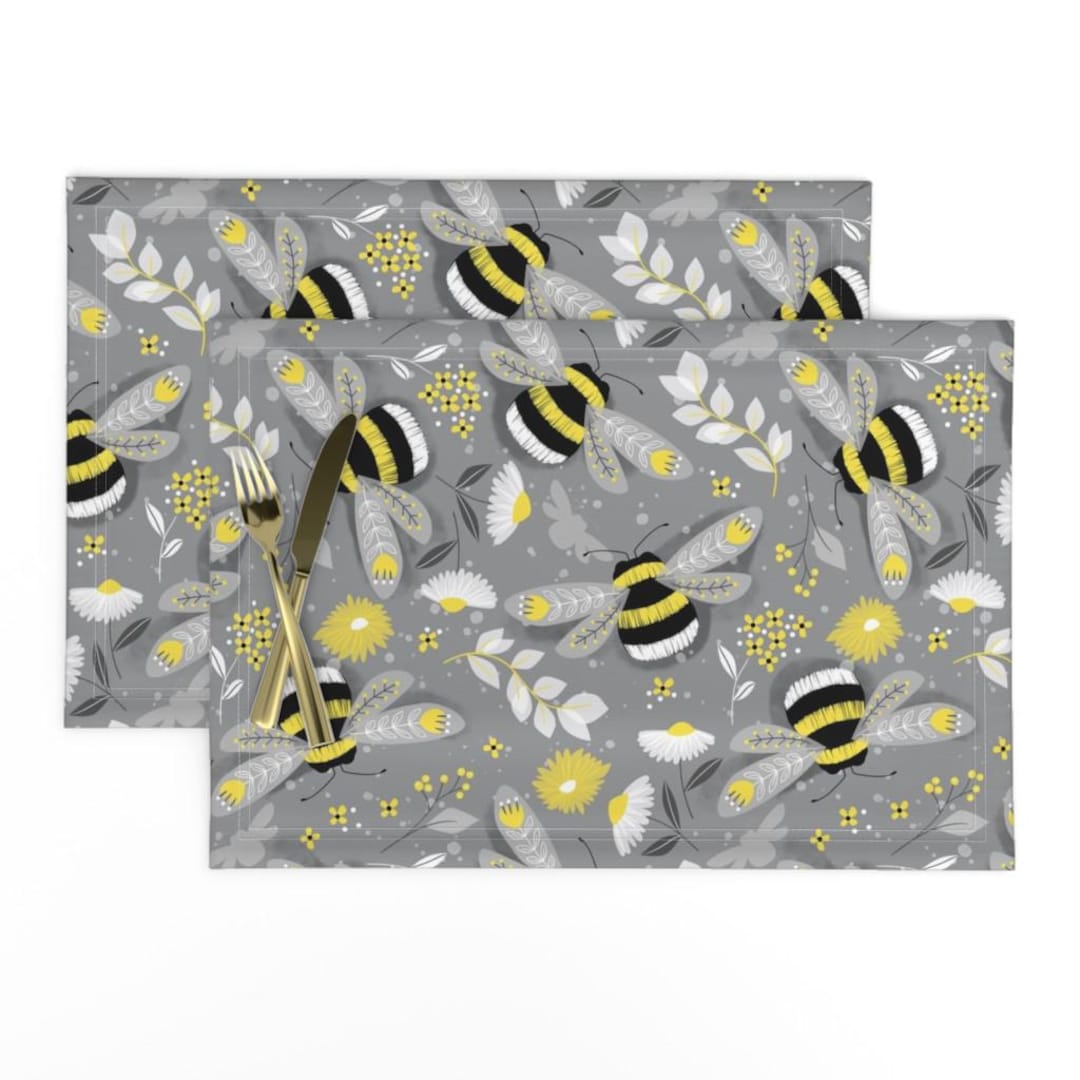 Hand Drawn Bees Placemats Set of 2 - Bumblebee Garden Gray and Yellow ...
