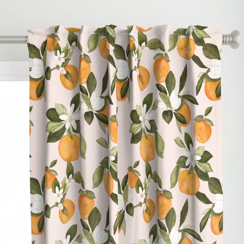 Watercolor Citrus Curtain Panel Large Orange Blossoms Blush | Etsy