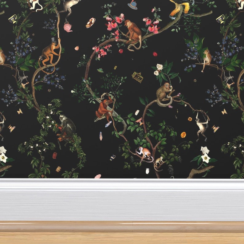 Exotic Monkey Non-pasted Wallpaper Jungle Forest Chinoiserie Tropical ...