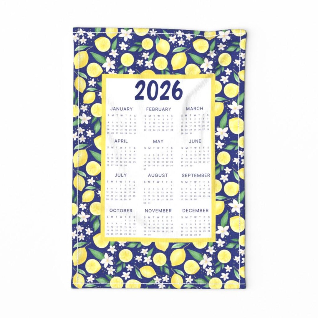 2026 Calendar Tea Towel - Juicy Lemons Navy by Kristeninstitches ...