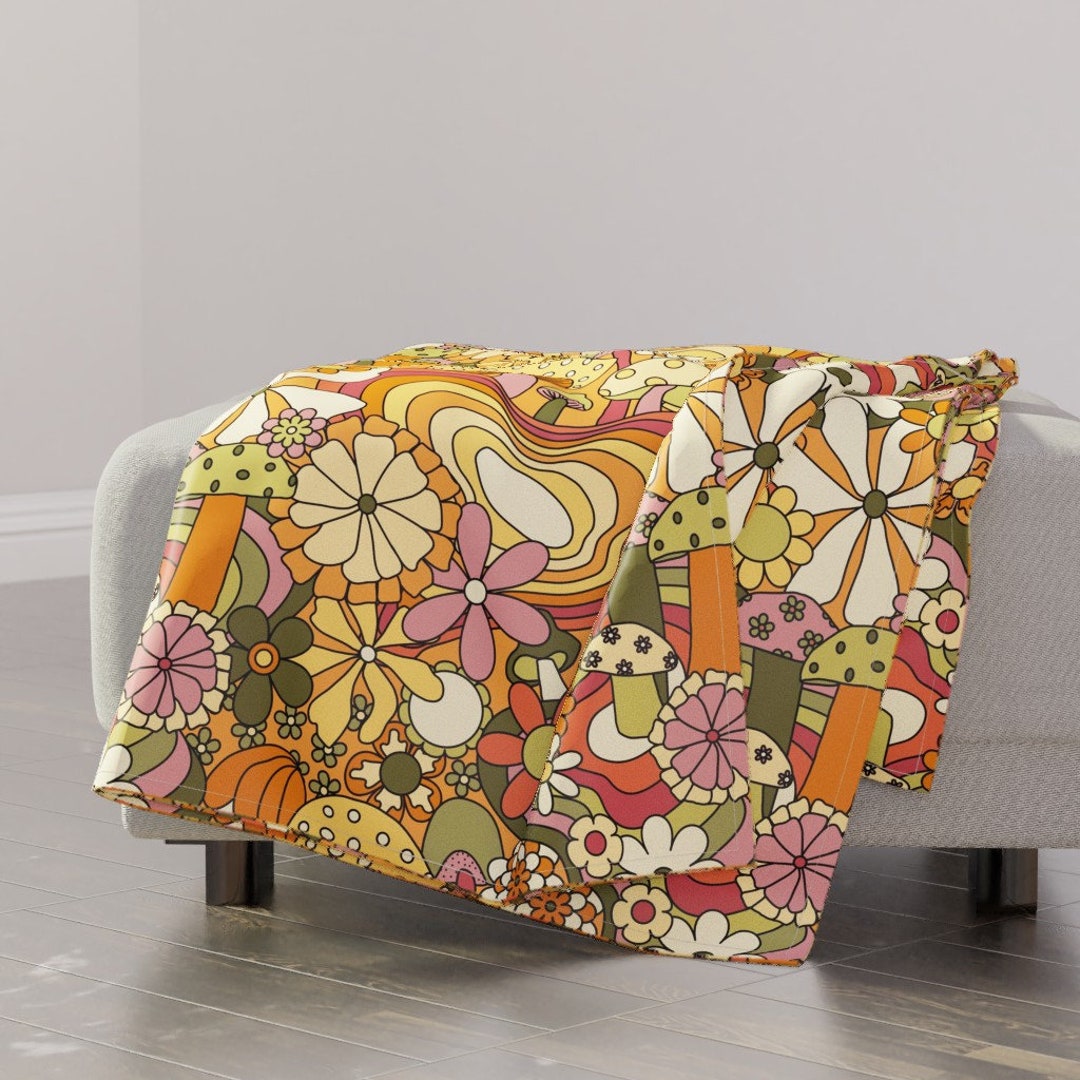 Retro Throw Blanket Groovy Mushroom Garden by Yesterdaycollection ...