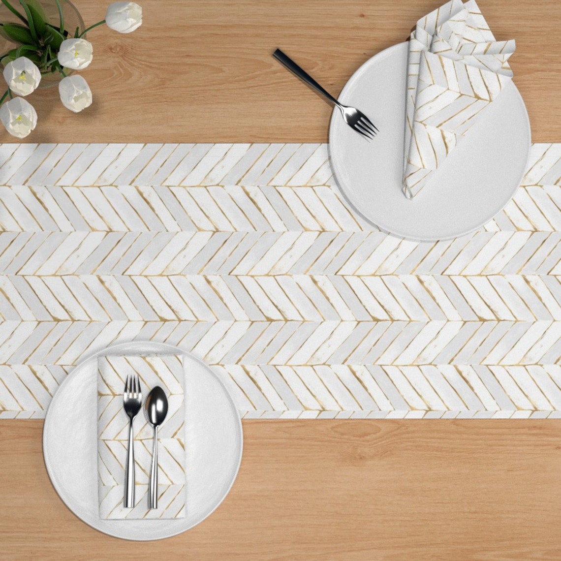 White Table Runner Chevron Painted White Gold by | Etsy