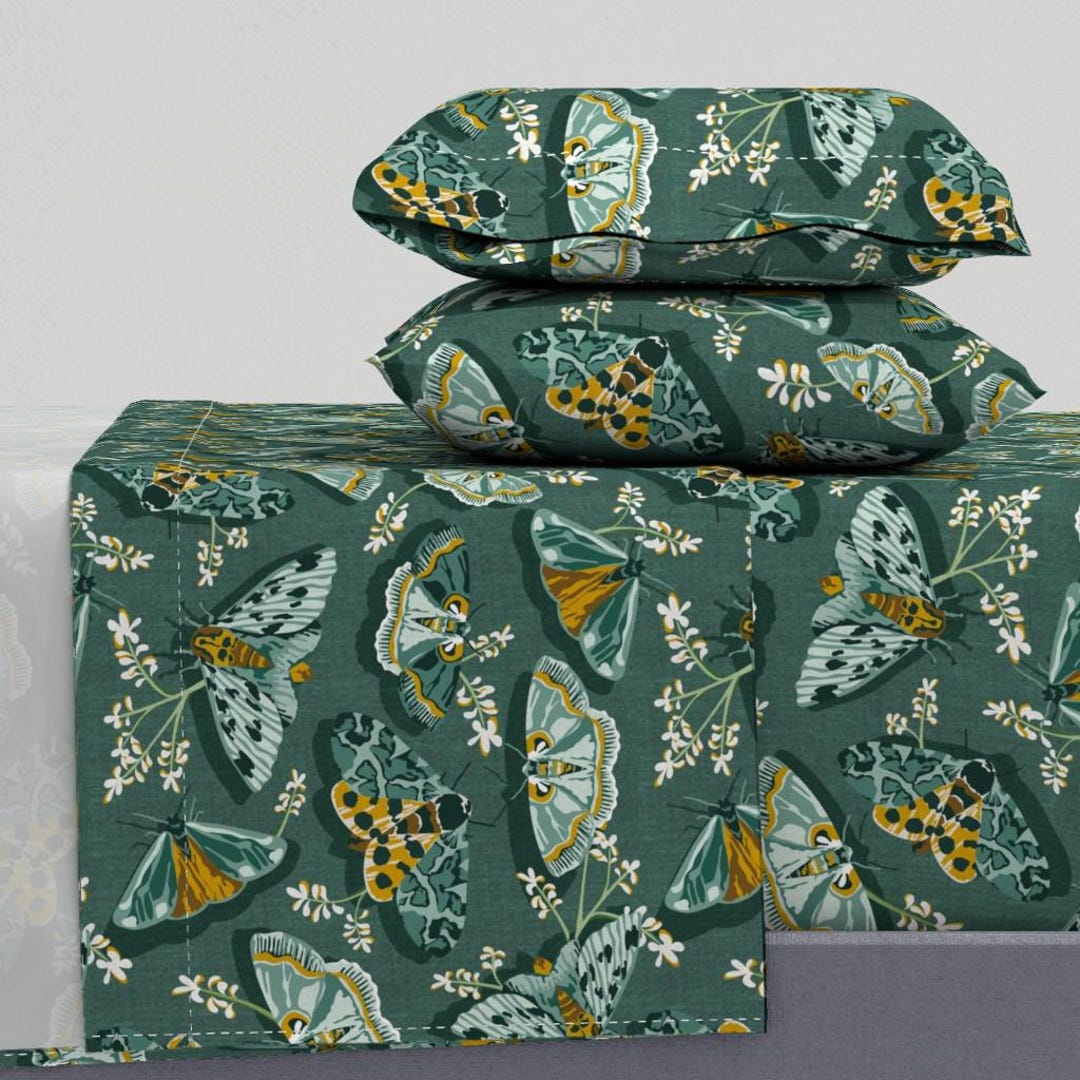Teal Moths Sheets - Gathering Moths by Heatherdutton - Gold Butterflies ...