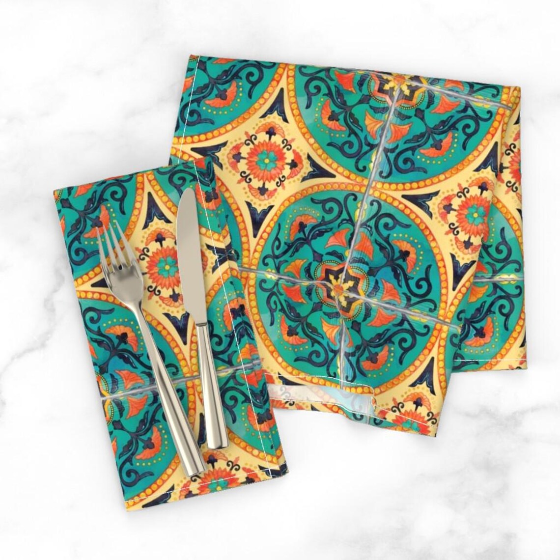 Bright Spanish Tiles Dinner Napkins Set of 2 - Teal and Gold Spanish ...