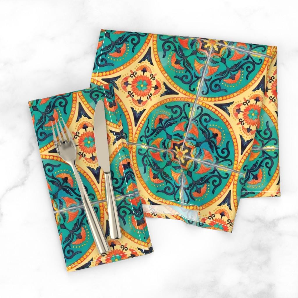 Bright Spanish Tiles Dinner Napkins Set of 2 - Teal and Gold Spanish ...