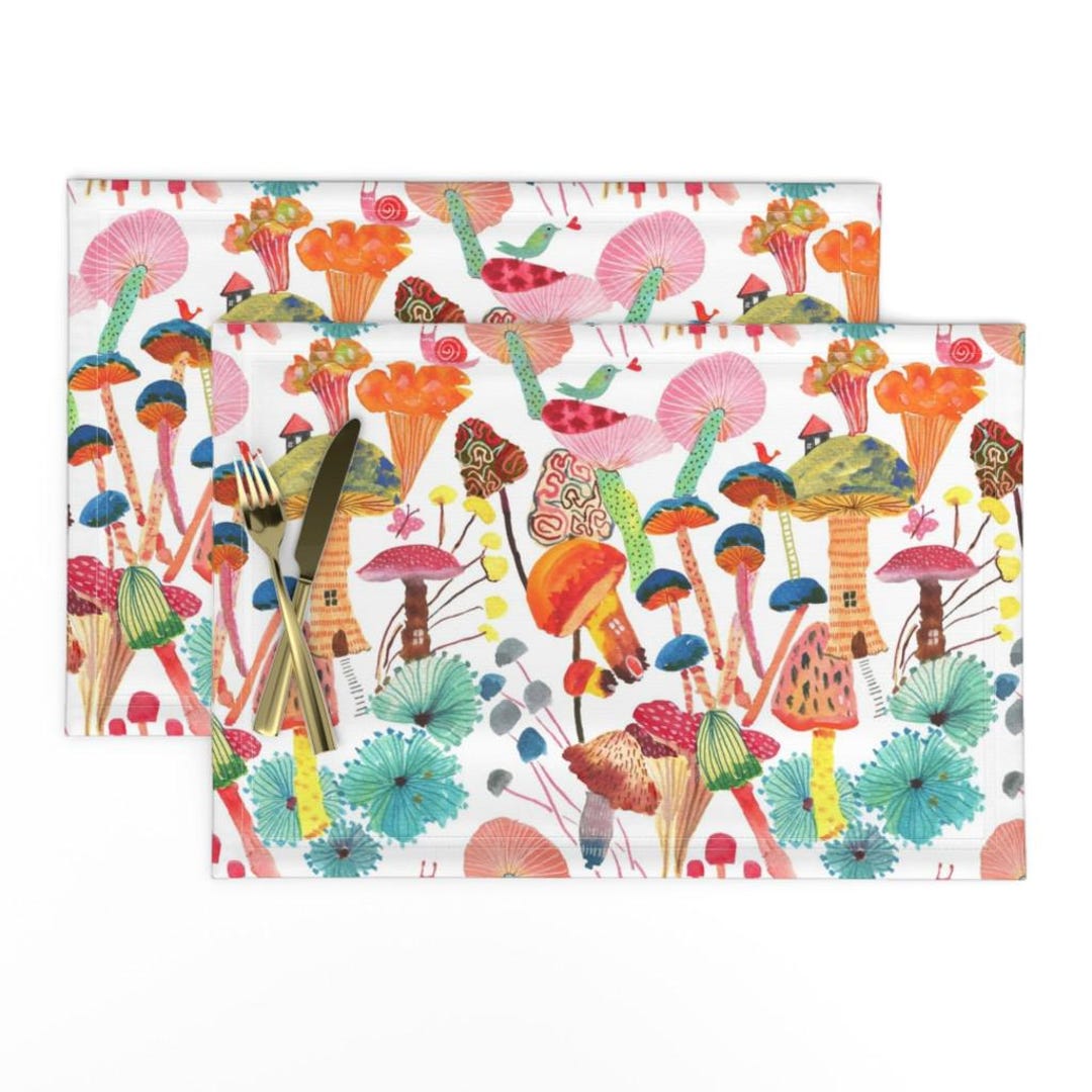 Mushroom Placemats Set of 2 - Toadstool Colorful Woodland Hand Drawn ...