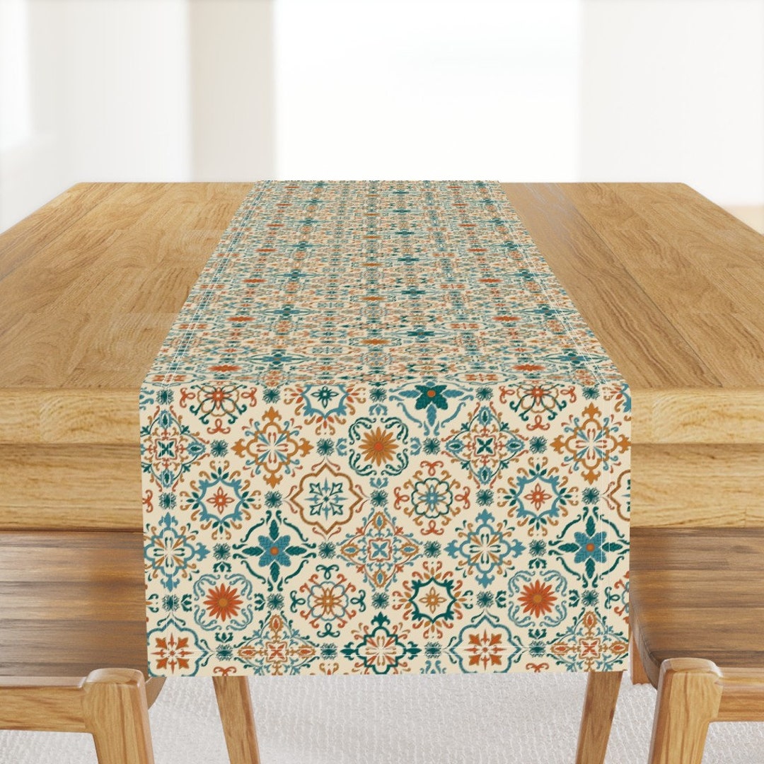 Spanish Tiled Table Runner - Folk Art Inspired Beige Blue Orange Floral ...