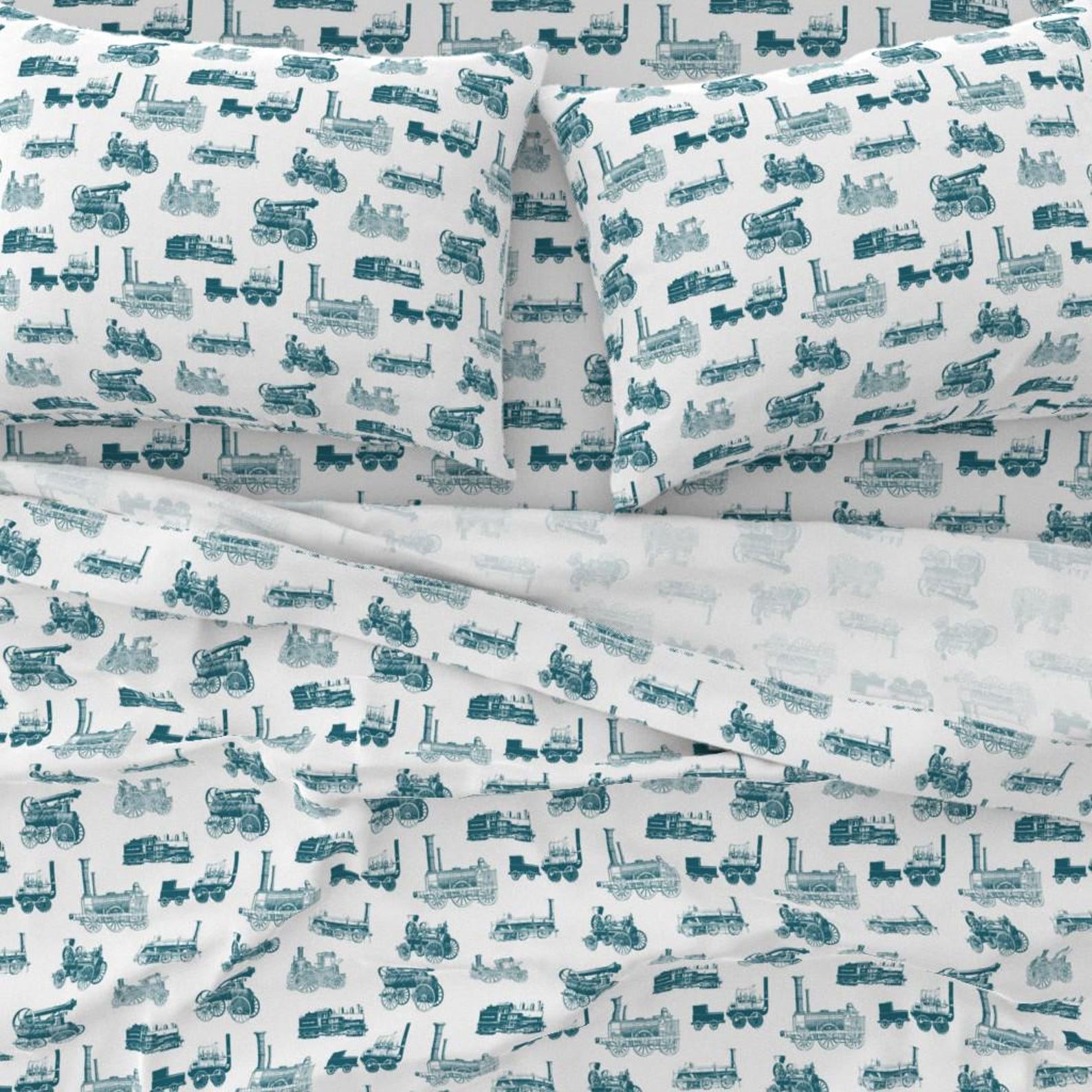 Trains Sheets - Antique Steam Engines Aquamarine by Thinlinetextiles ...