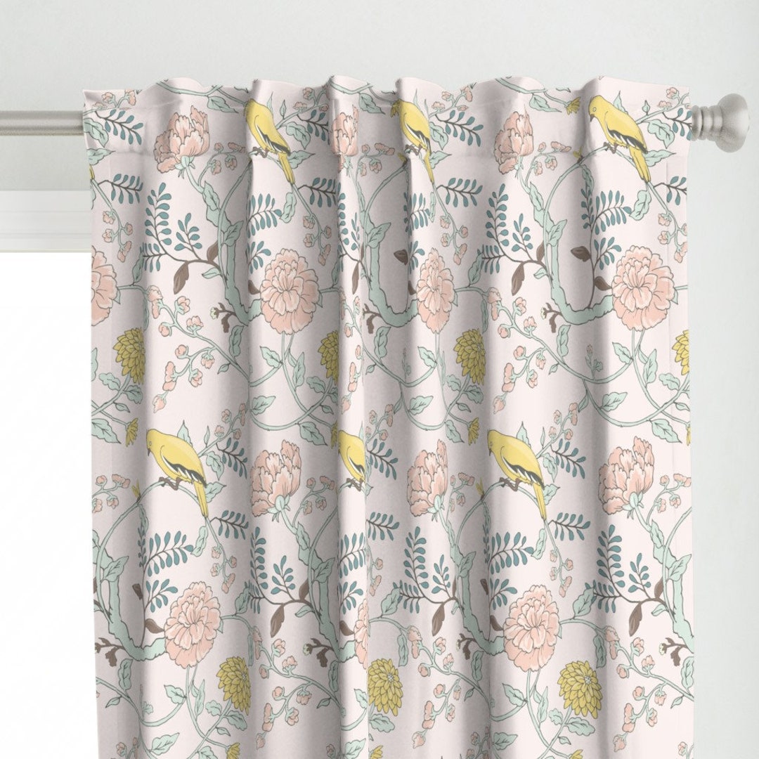 Chinoiserie Chintz Curtain Panel Goldfinch and Rose by Nestboxstudio Blush Pink Sage Goldfinch ...