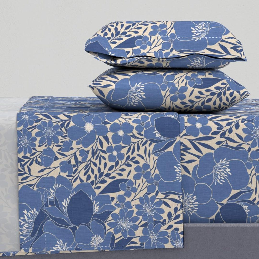 Blue Floral Cream Sheets - Blue Flower by Crest_and_clover_ - Leaves ...