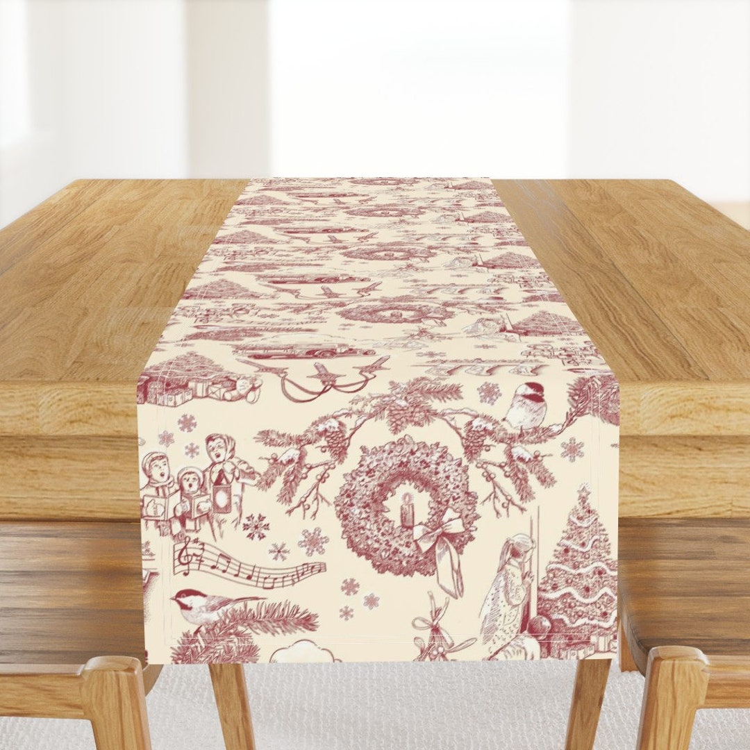 Holiday Toile Table Runner - Red on Cream Christmas Tree Victorian ...