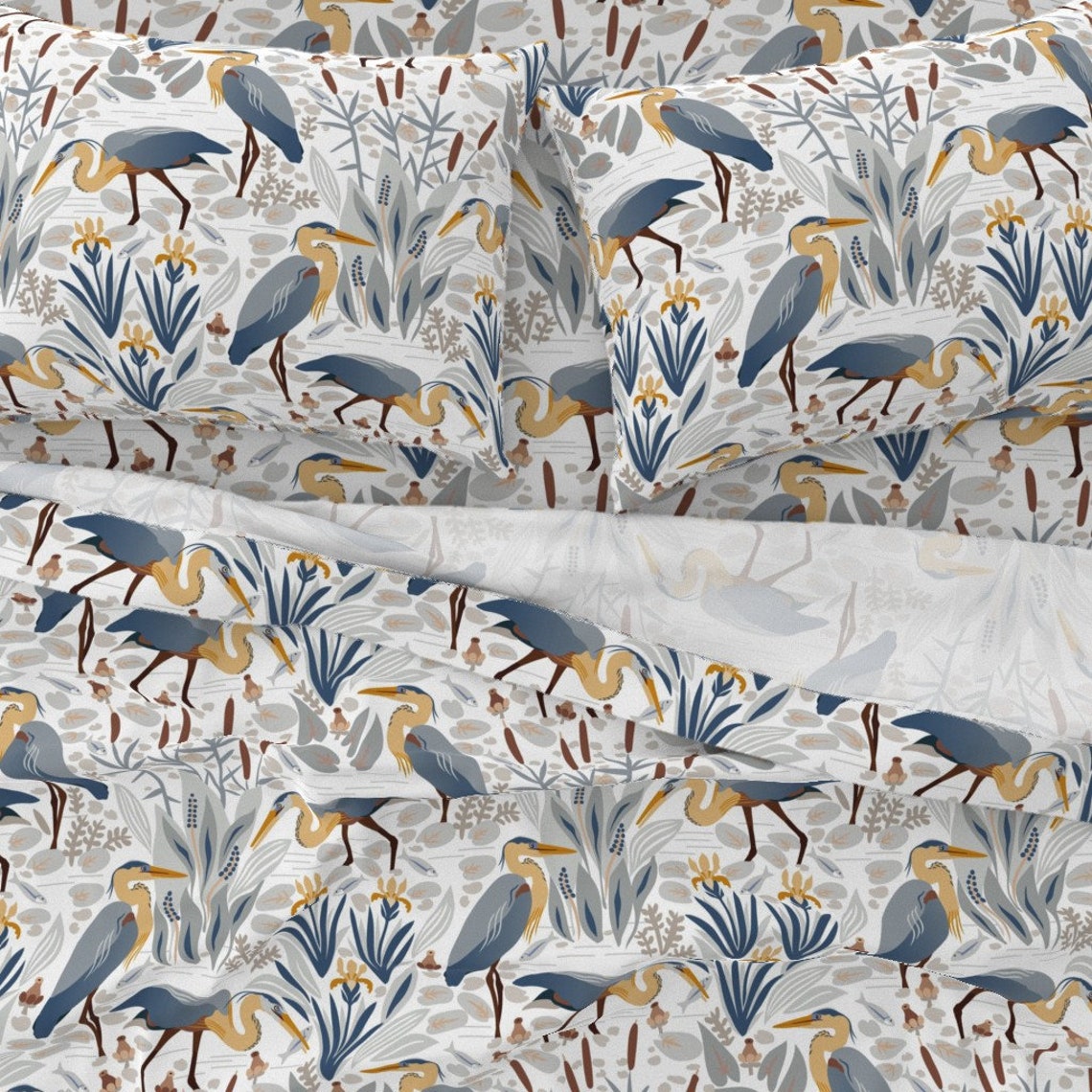 Bird Sheets Fishing Heron and Irises by Boszorka Orange | Etsy
