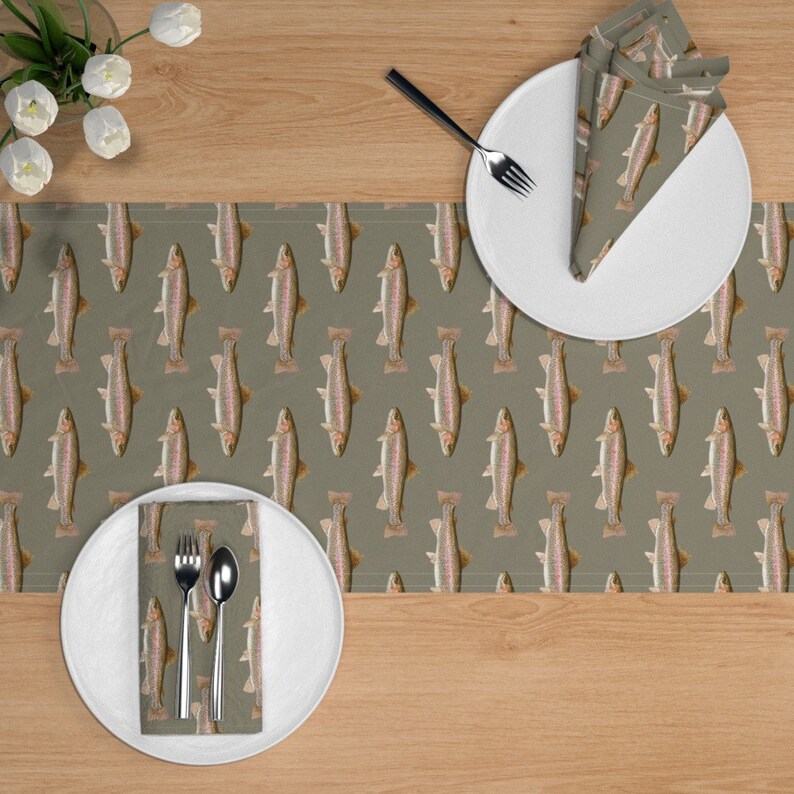 Fly Fishing Table Runner Rainbow Trout on Pewter Grey by | Etsy