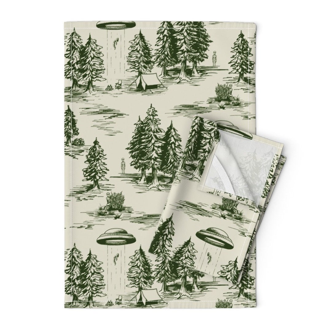 Alien Toile Tea Towels set of 2 Green & Cream Alien Abduction by ...