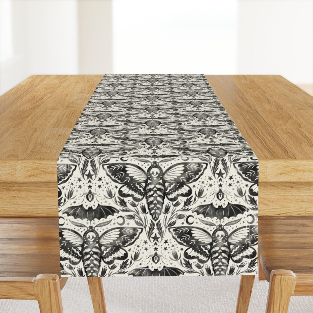Black and White Table Runner Watercolor Skull Moth Damask by Rebelform ...