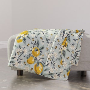 Lemon Throw Blanket Bees and Lemons Blue Large by - Etsy