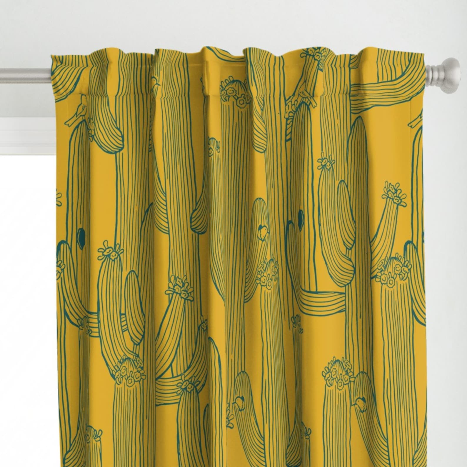Mustard Gold Cactus Curtain Panel - Boho Desert Botanical Saguaro Cacti ...