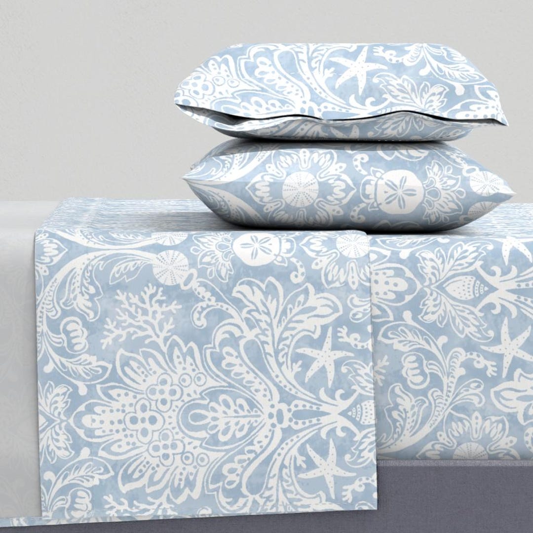 Blue Coastal Damask Sheets - Seashell Damask by Kee_design_studio ...