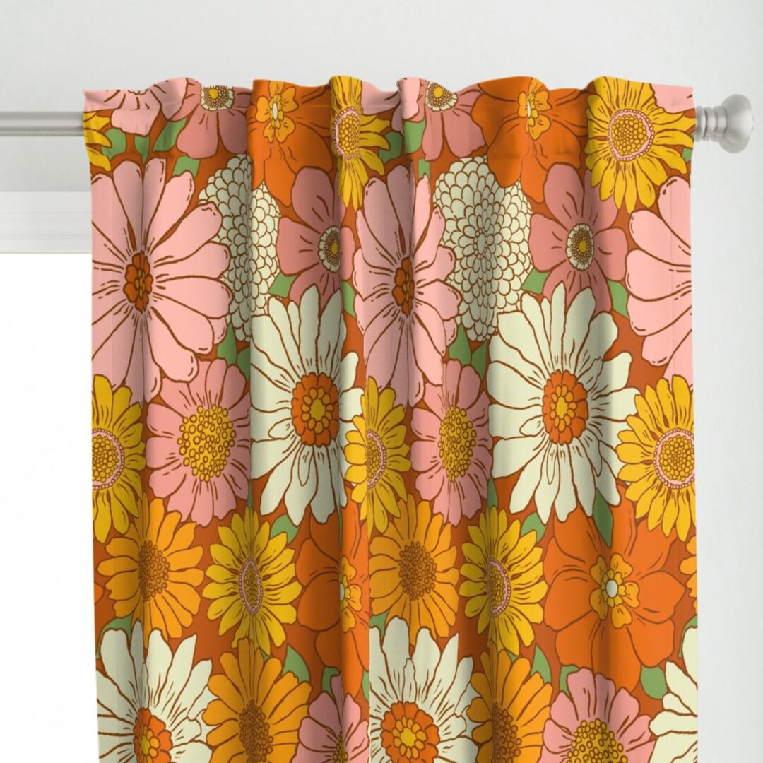 Retro 1970s Floral Curtain Panel - Vintage Style Nostalgia Pink Orange ...