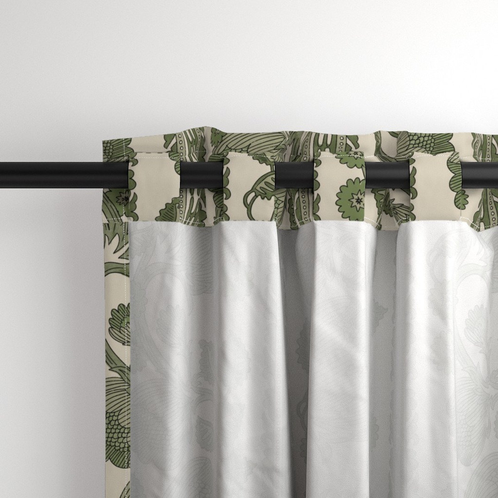 Olive Sage Floral Curtain Panel - Grandmillennial Leaf Stripe Arts and ...