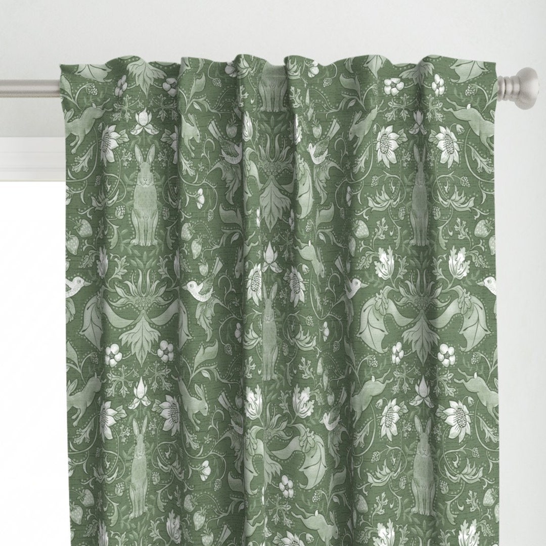 Sage Woodland Curtain Panel - Damask Rabbits Flowers Birds Victorian ...