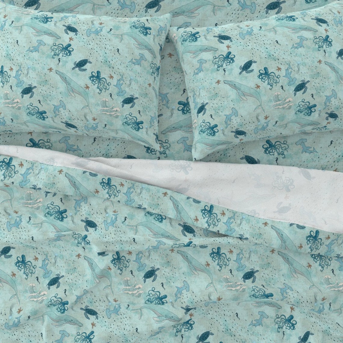 Nautical Sheets Whales and Sea Turtles by Rebecca_reck_art - Etsy