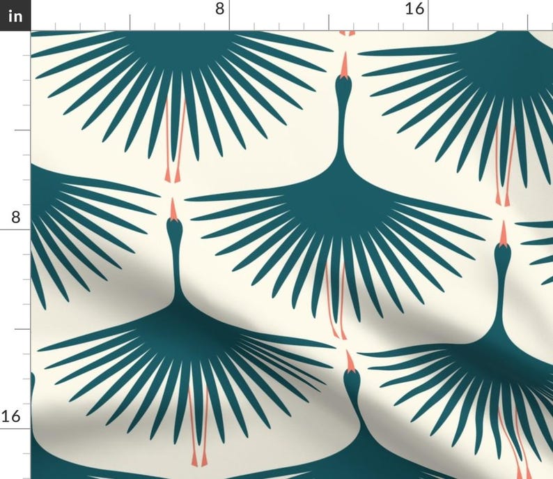 Mod Cranes Curtain Panel - Teal Cream Ivory Mid Century Modern Art Deco ...
