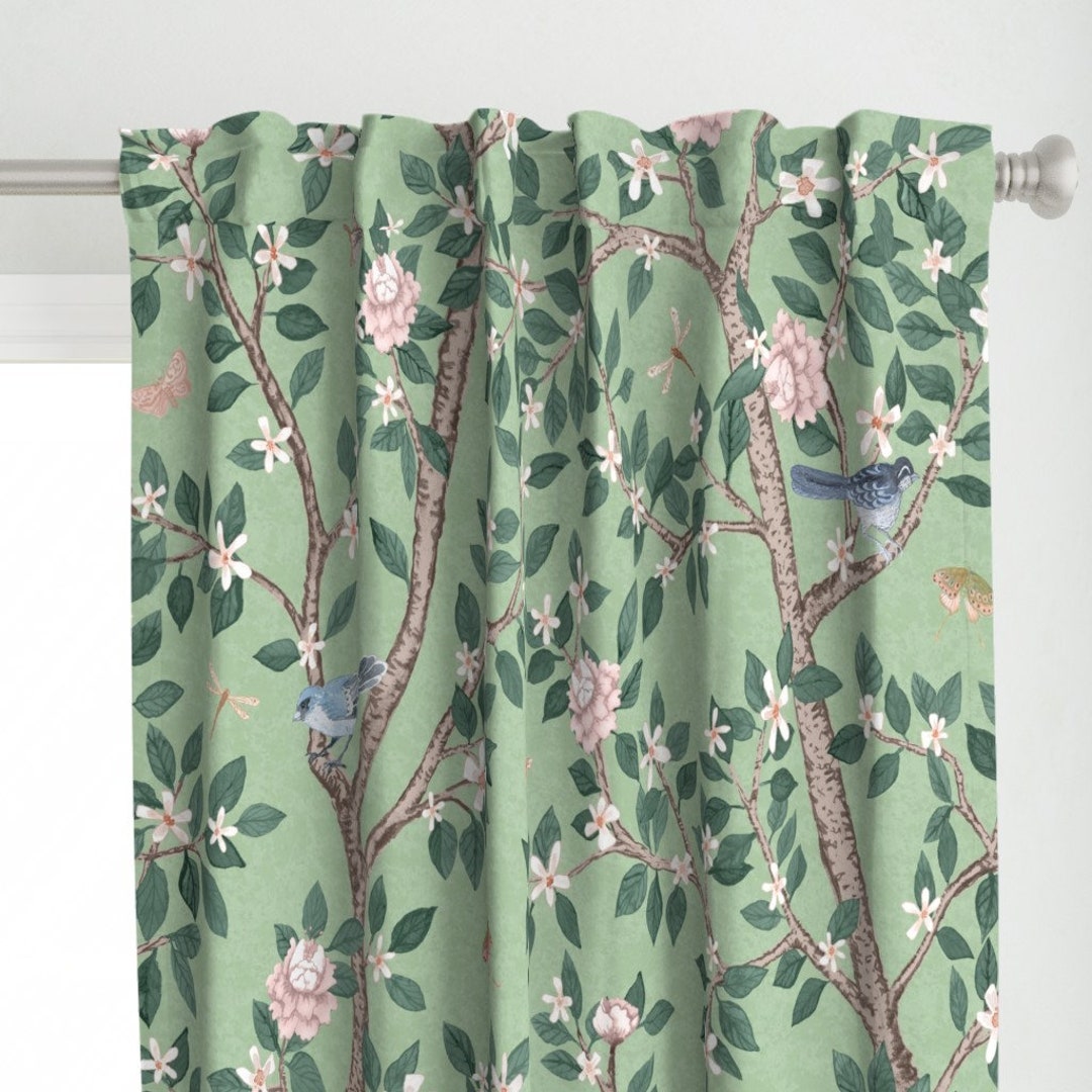 Chinoiserie Curtain Panel - Jade Green Peony Pagoda Antique Floral ...