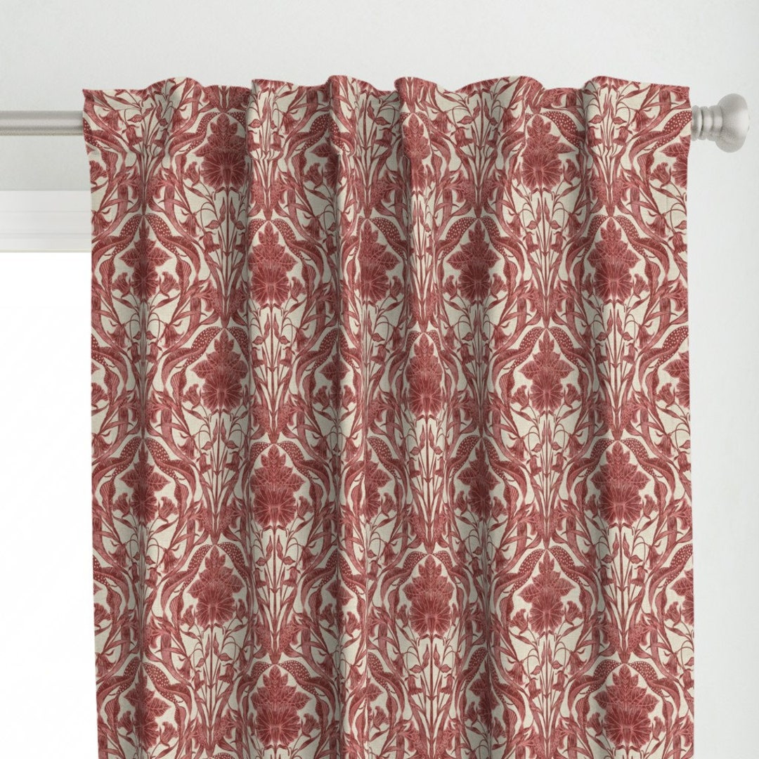 Ruby Red Floral Curtain Panel - Block Print Traditional Folk Art Damask ...