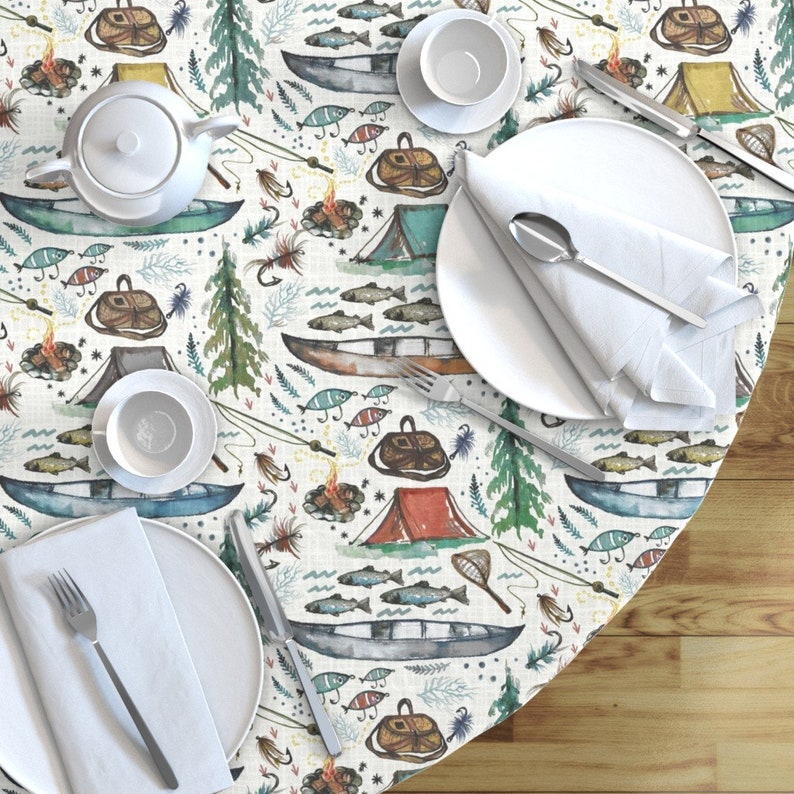 Country Round Tablecloth Lake House Fishing Motif by - Etsy