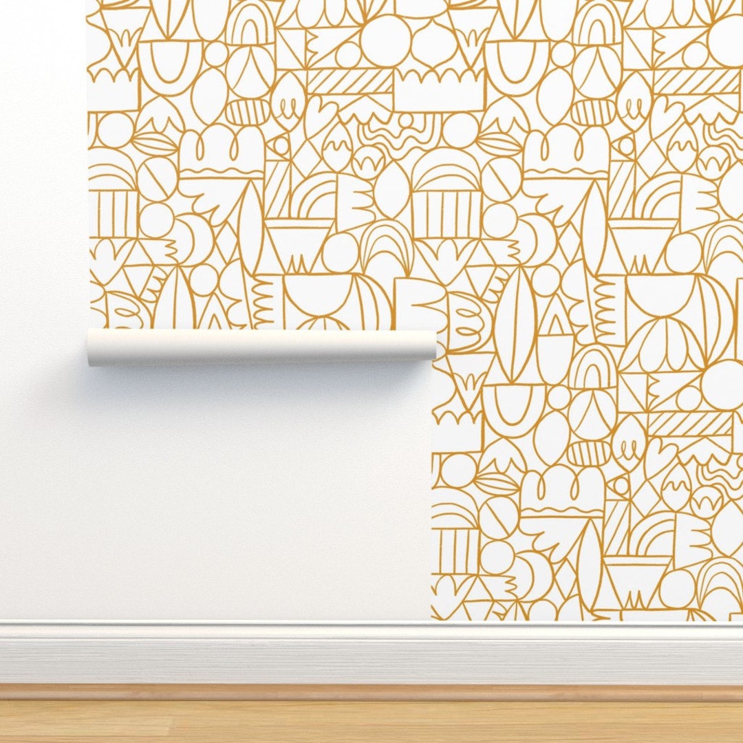Vintage Mod Style Non-pasted Wallpaper Golden Yellow Hand Drawn ...