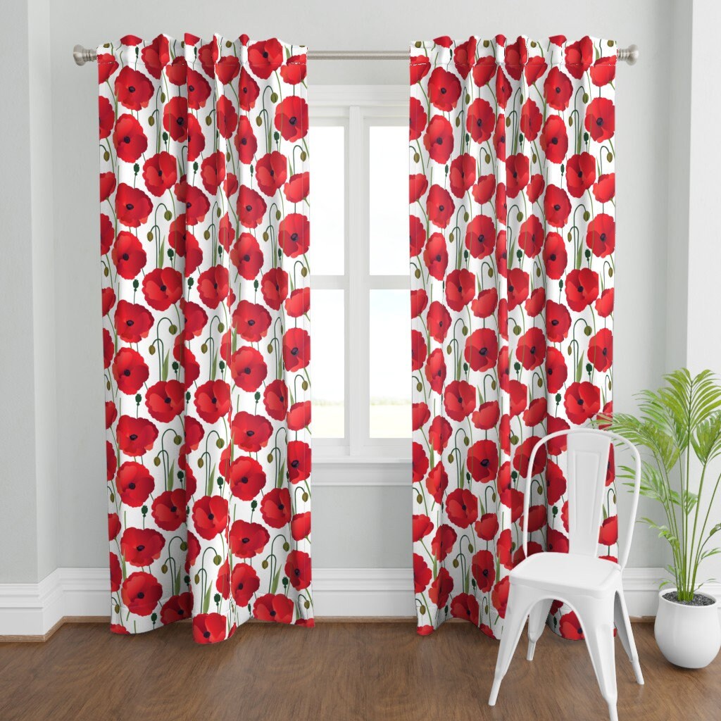 Flowers Curtain Panel Red Poppies Large Print On White by | Etsy