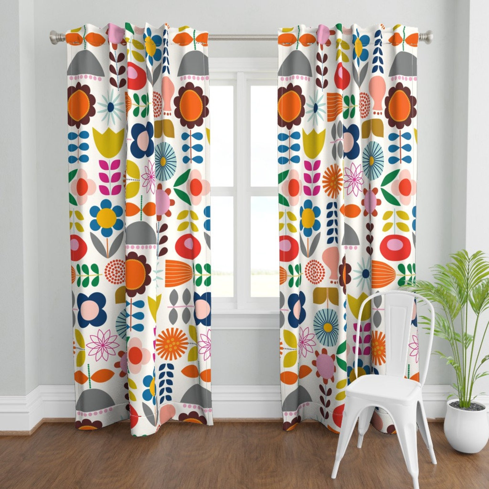 Scandi Floral Curtain Panel - Mod Floral Scandi Flowers Bright Bold ...