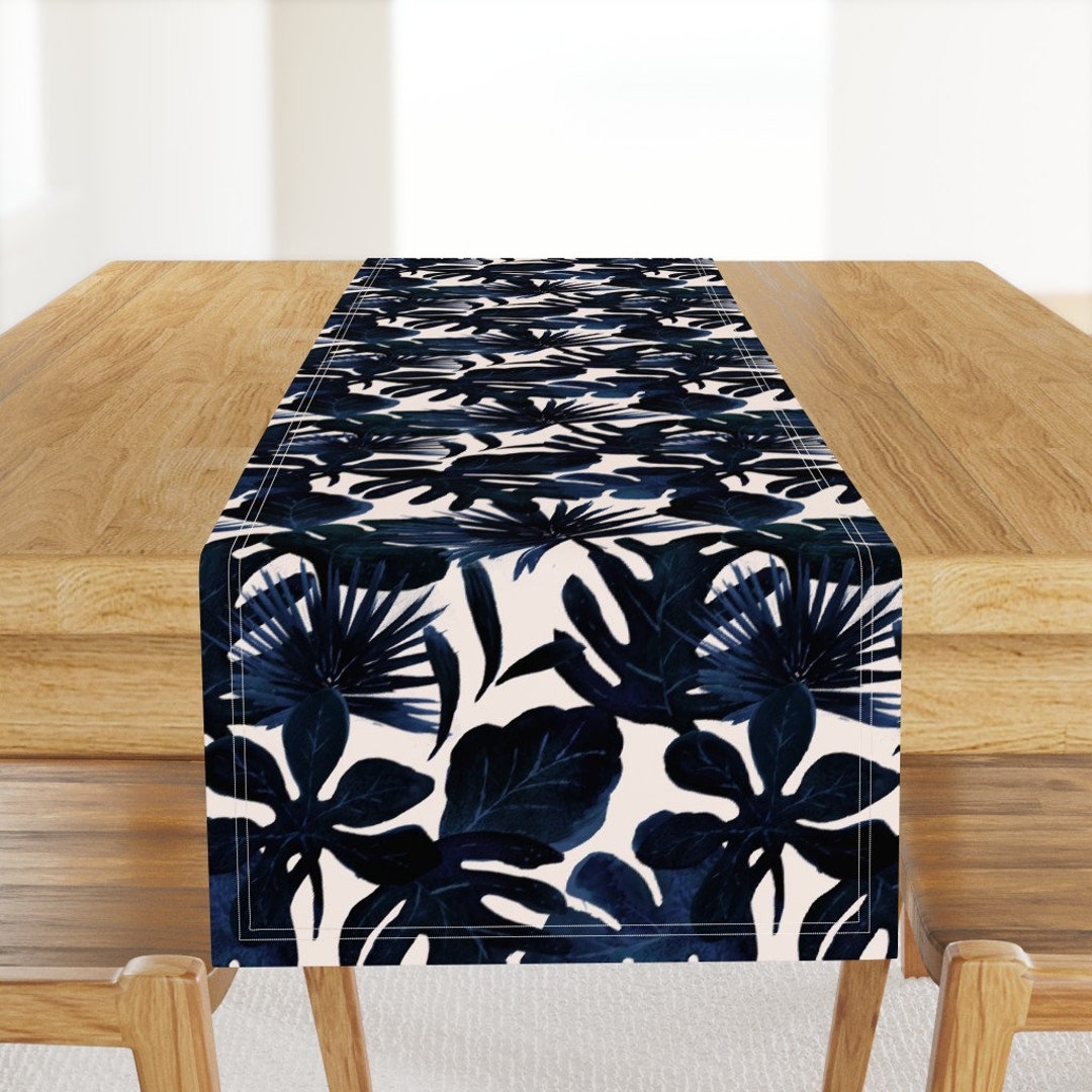Navy Jungle Table Runner - Tropical Leaves Midnight by Crystal_walen ...