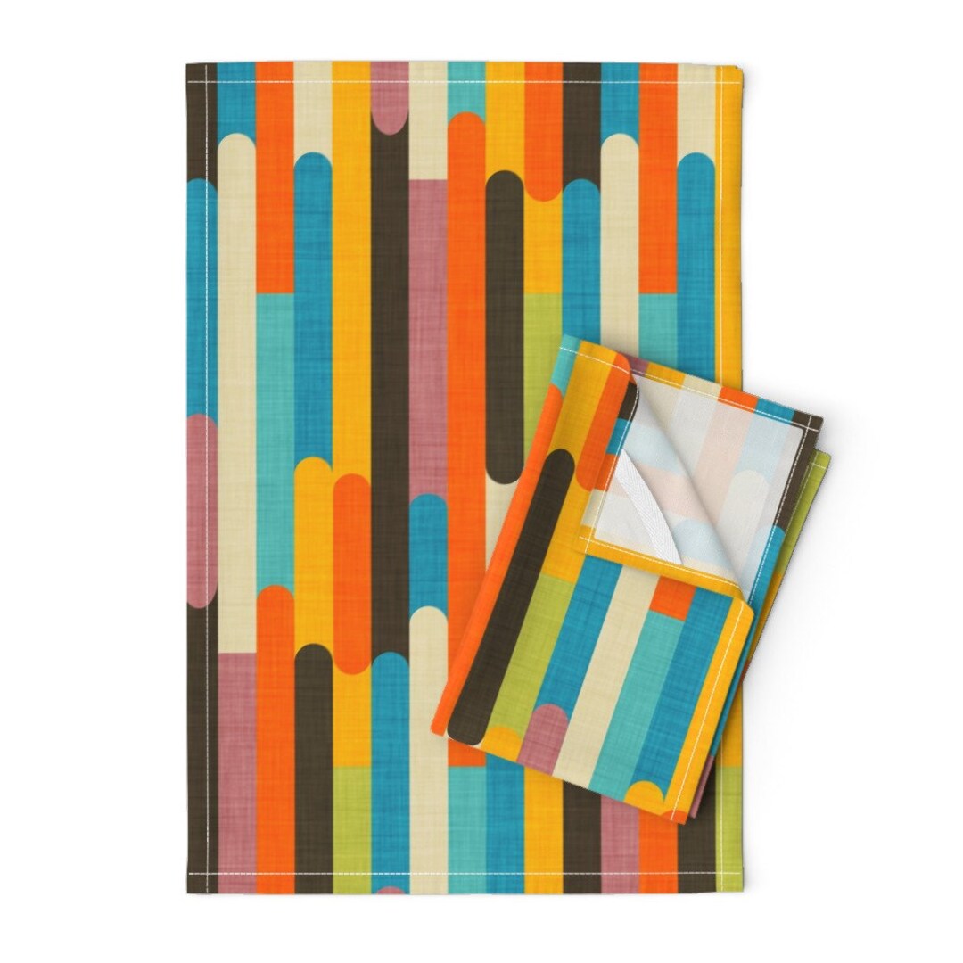 Retro Mod Tea Towels set of 2 Popsicle Sticks by Bruxamagica Abstract Geometric Modern Art Linen ...