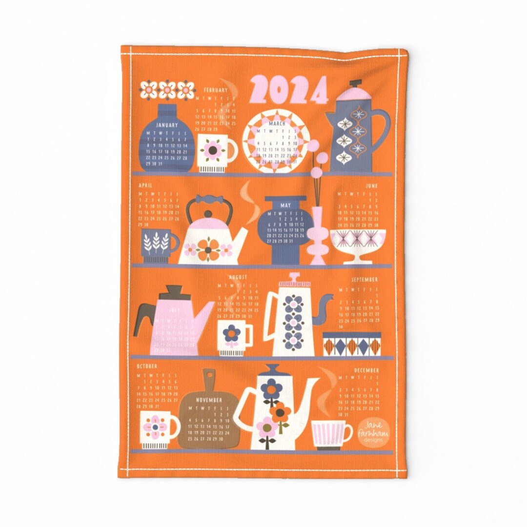 2025 Calendar Tea Towel Retro Kitchen by Janefarnham Orange Retro ...